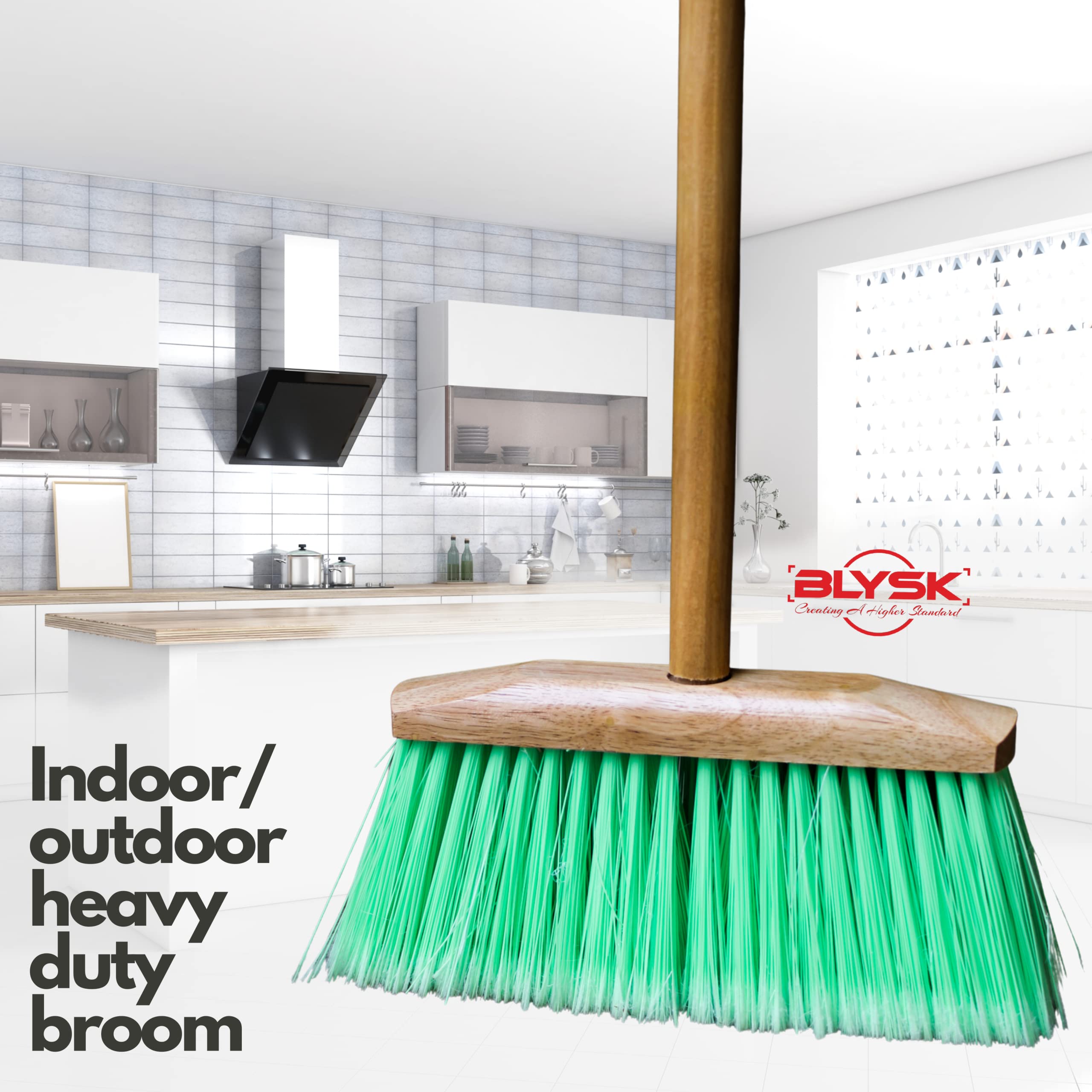 BLYSK Indoor/Outdoor Heavy Duty Wooden Broom Brush, Sweeper, Head Replacement Soft bristles, Great use for Home, Kitchen, Room, Office, Patio, Deck Floor (Broom Head with a Handle)