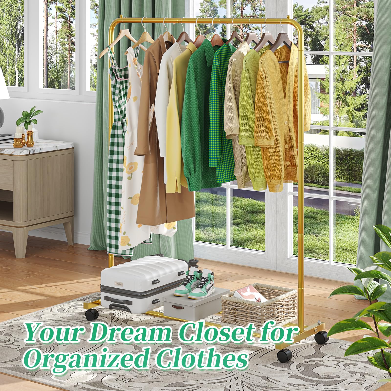 Simple Trending Standard Clothes Clothing Garment Rack with Storage Shelves, Rolling Clothes Organizer on Wheels for Hanging Clothes, Golden Yellow