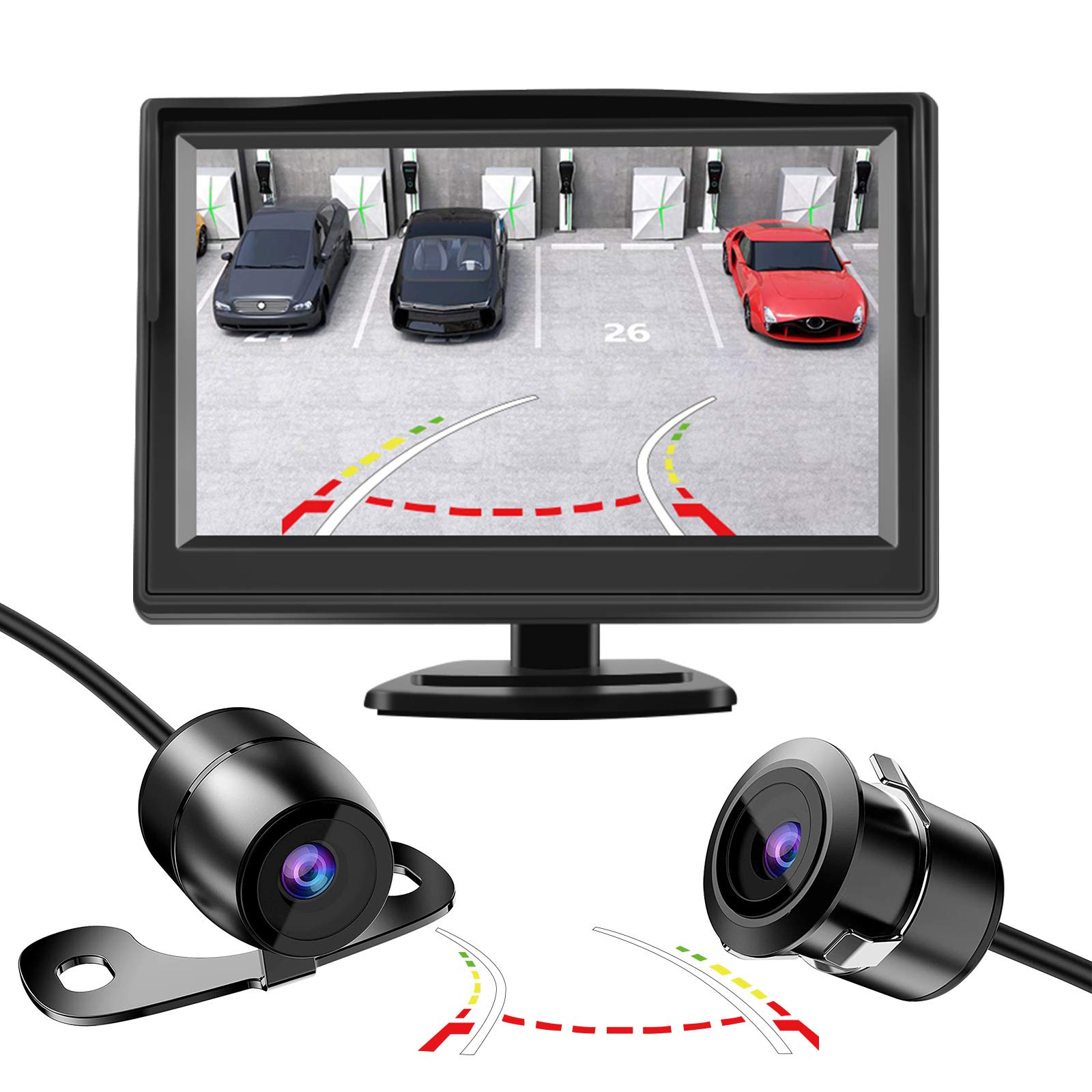 Backup Camera Safety System Kit with Dynamic Trajectory Guide Line, SAMFIWI 4.3in TFT-LCD 720P HD Monitor and Waterproof Rear View Camera Multiple Installation Methods for Trucks/Cars/Pickups (Black)