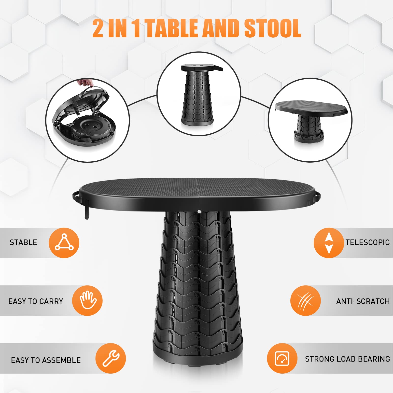 Ayburku Collapsible Stool – 2 in 1 Portable Chair Mini Table – Ultra Light Easy to Carry Retractable Stool Works As Coffee Table, Small Table – Heavy Duty Plastic Telescopic Stool for Camping, Picnic