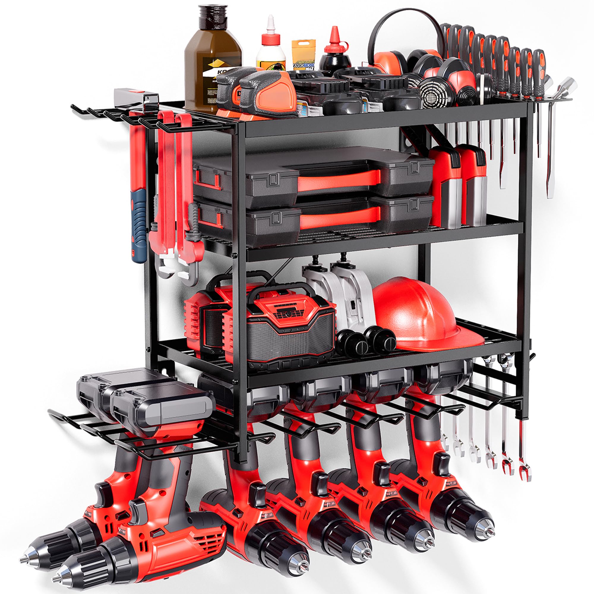 CATCHLUCK Power Tool Organizer Power Tool Storage 6 Drill Holder Wall Mount, Heavy Duty Metal Power Tool Rack 4 Layer 12 Hooks Tool Organizer