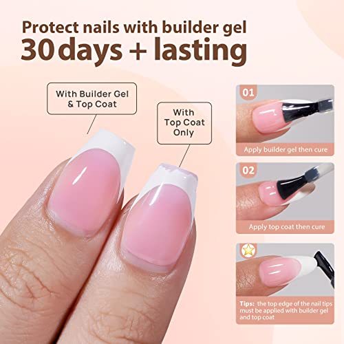 BTArtboxnails French Gel Nail Tips -150Pcs French Tip Press on Nails Pink Long Square 3 in 1 X-coat Tips Pre-applied Tip Primer & Base Coat, No Need to File Fake Nails for Nail Art DIY 15 Sizes