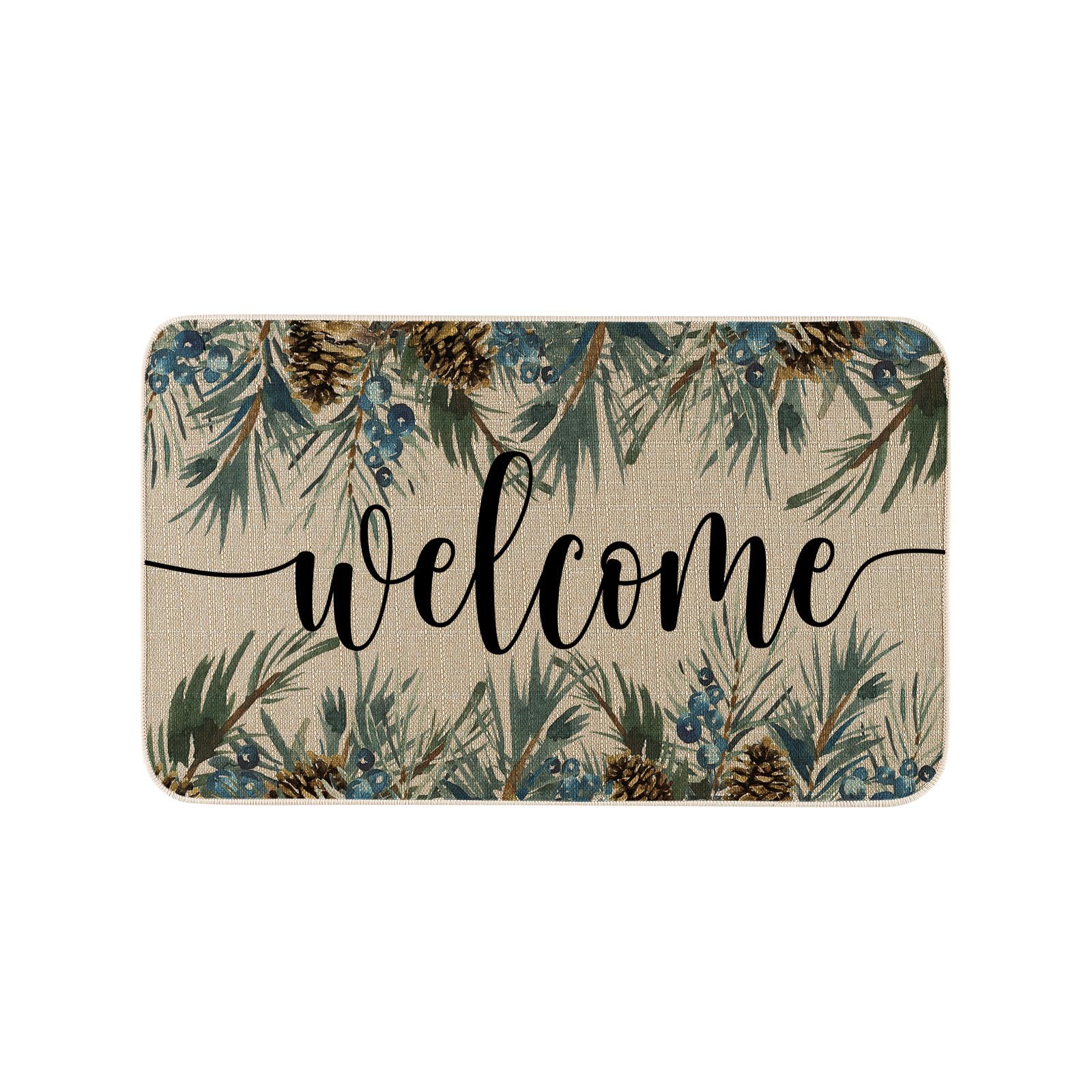 Moutina Welcome Christmas Door Mat Winter Decorative Doormat 17 x 29 Inch, Xmas Pine Twigs Door Mat Anti-Slip Rubber for Seasonal Holiday Decoration Indoor Outdoor