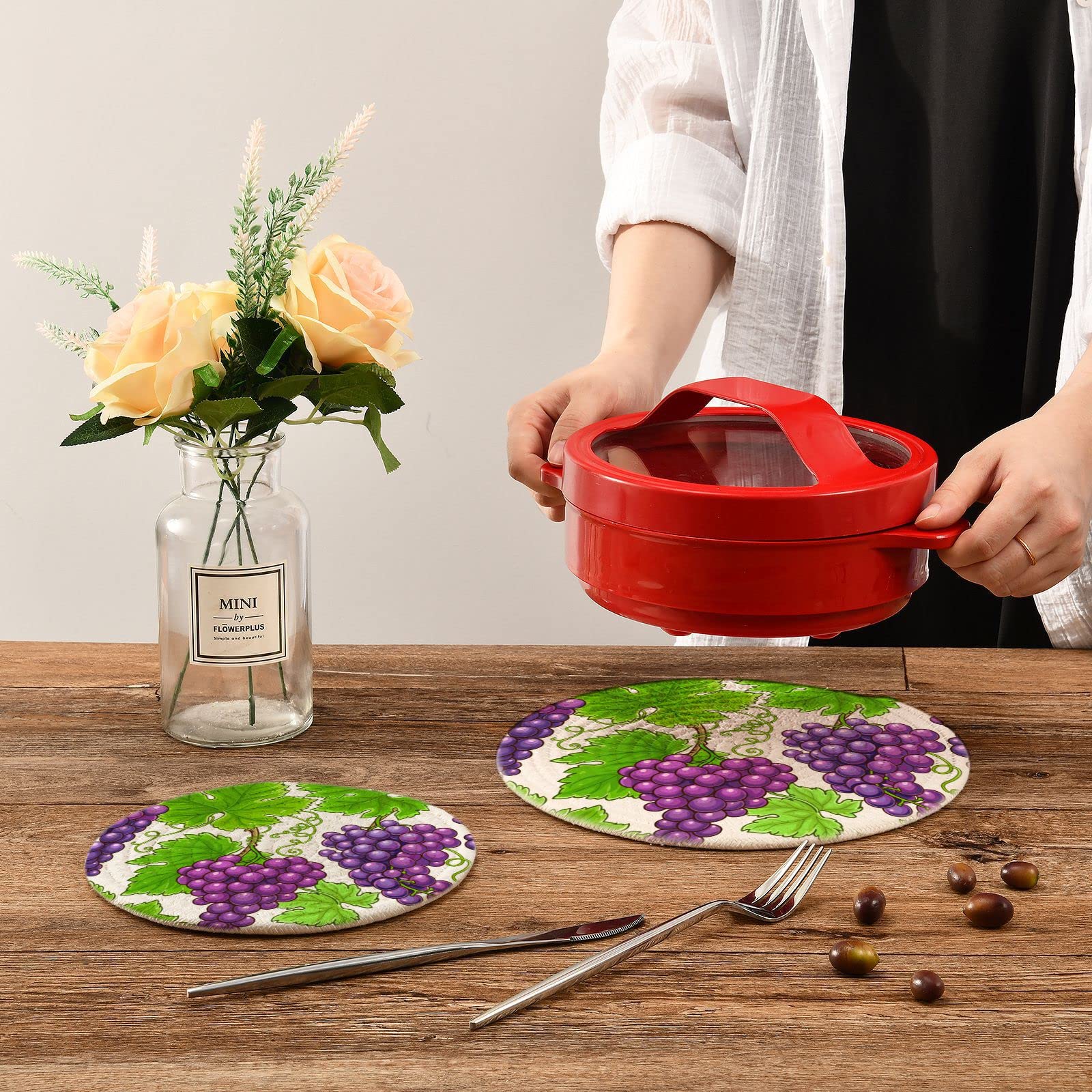 Beautiful Grapes Pot Holders Set Trivet Grape Leaf Purple Hot Pads Potholder Cotton for Kitchen Weave Pot Mat Cooking Baking Decor Home