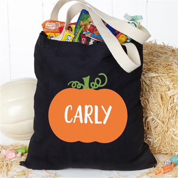 Personalization Universe Pumpkin Personalized Halloween Treat Bag for Kids - 100% Cotton Halloween Tote Bag with Name - Perfect for Trick or Treating, Halloween Candy, Toy - Machine Washable, 13"W x
