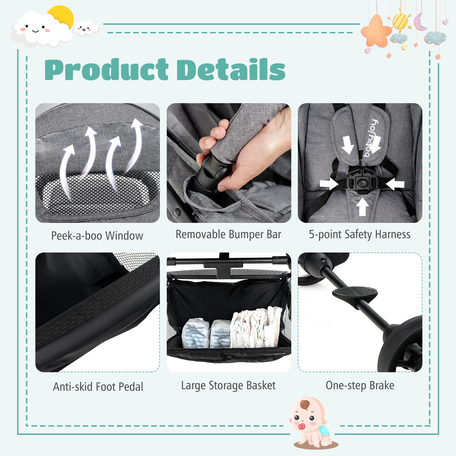 BABY JOY Lightweight Baby Stroller, Compact Travel Stroller for Airplane, Easy One-Hand Fold, High Landscape Infant Toddler Stroller with Adjustable Canopy/Backrest/Footrest, Storage Basket (Gray)