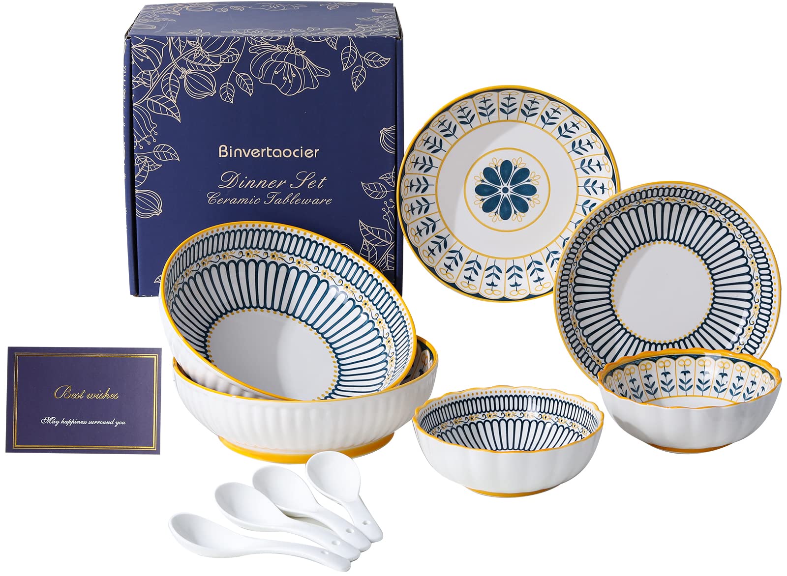 Binvertaocier Ceramic 10-Piece 56 Oz Large Soup Bowls and Spoons Set, 9 Inch Large Serving for Kitchen Pasta, Ramen, Pho Bowls and Soup Spoons Set,Dishwasher & Microwave Safe