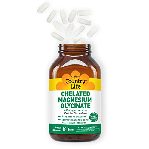 Country Life Chelated Magnesium Glycinate 400mg, 180 Tablets, Certified Gluten Free, Certified Vegan, Certified Halal, Non-GMO Verified