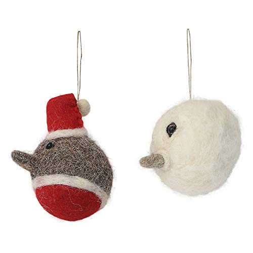 De Kulture Handmade Premium Wool Felt Robin Bird and Owl Bauble Eco Friendly Needle Felted Christmas Xmas Tree Decoration Stuffed Ornament for Home Office Party Holiday Décor, (Set of 2)
