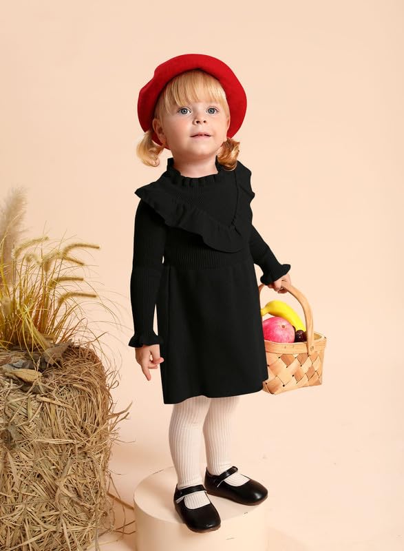 BesserBay Infant Girls Adorable Fall Ruffle Trim Ribbed Knit Cozy Warm Black Sweater Dress 6-12 Months
