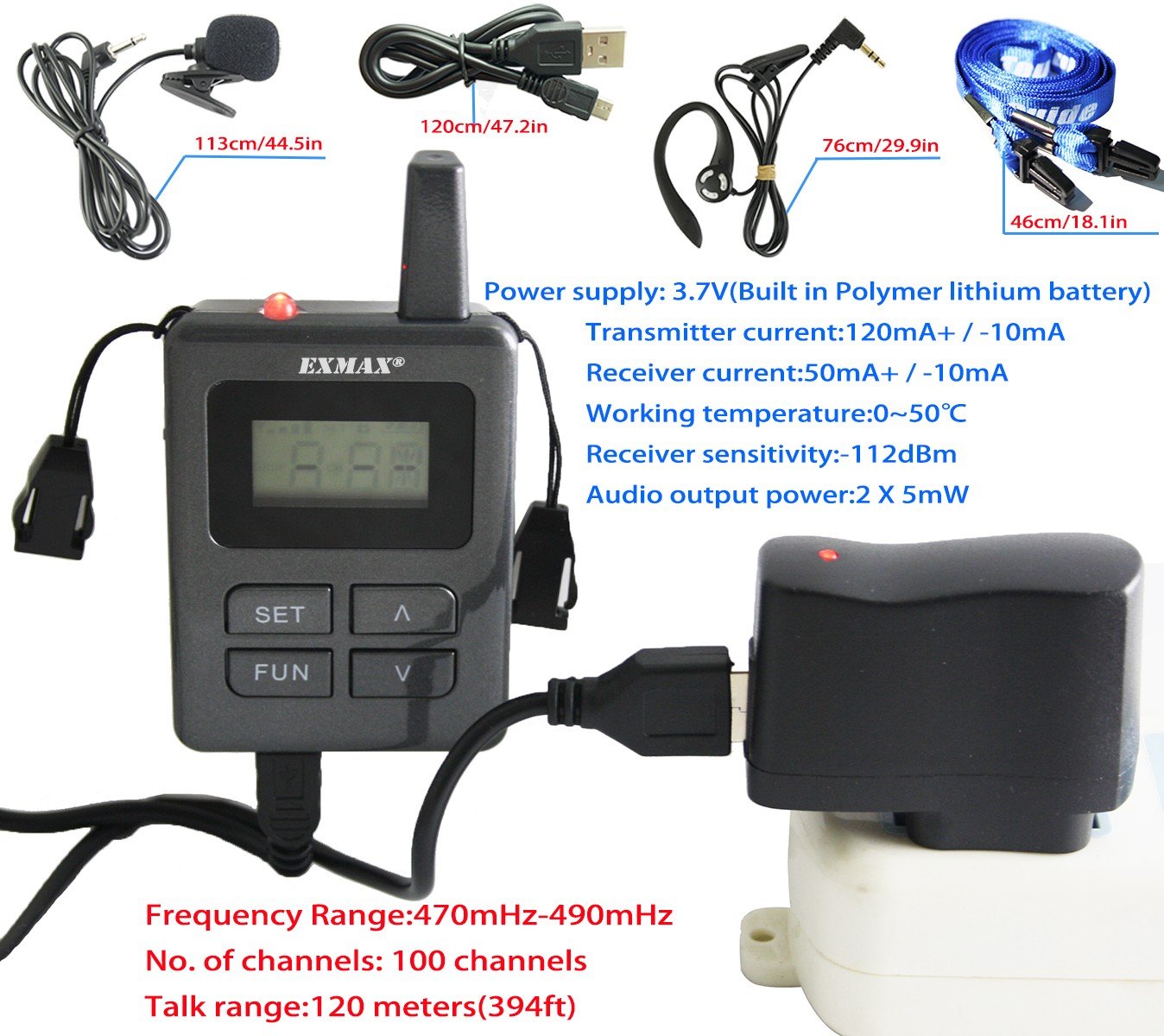 EXMAX ELGT-470 UHF Wireless Tour Guide Acoustic Audio Voice Transmission System 100 Channels for Private Speech Social Distancing Training Meeting Travel 1 Transmitter 10 Receivers Black Storage Case