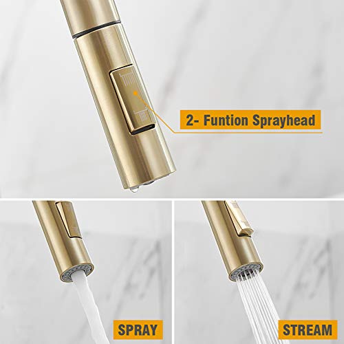 BESy Gold Single Handle Kitchen Sink Faucet with Pull Out Sprayer,Rv Kitchen Faucet with Pull Down Sprayer, 2 Function Laundry Faucet, Brass/Brushed Gold(1 or 3 Hole Mount)