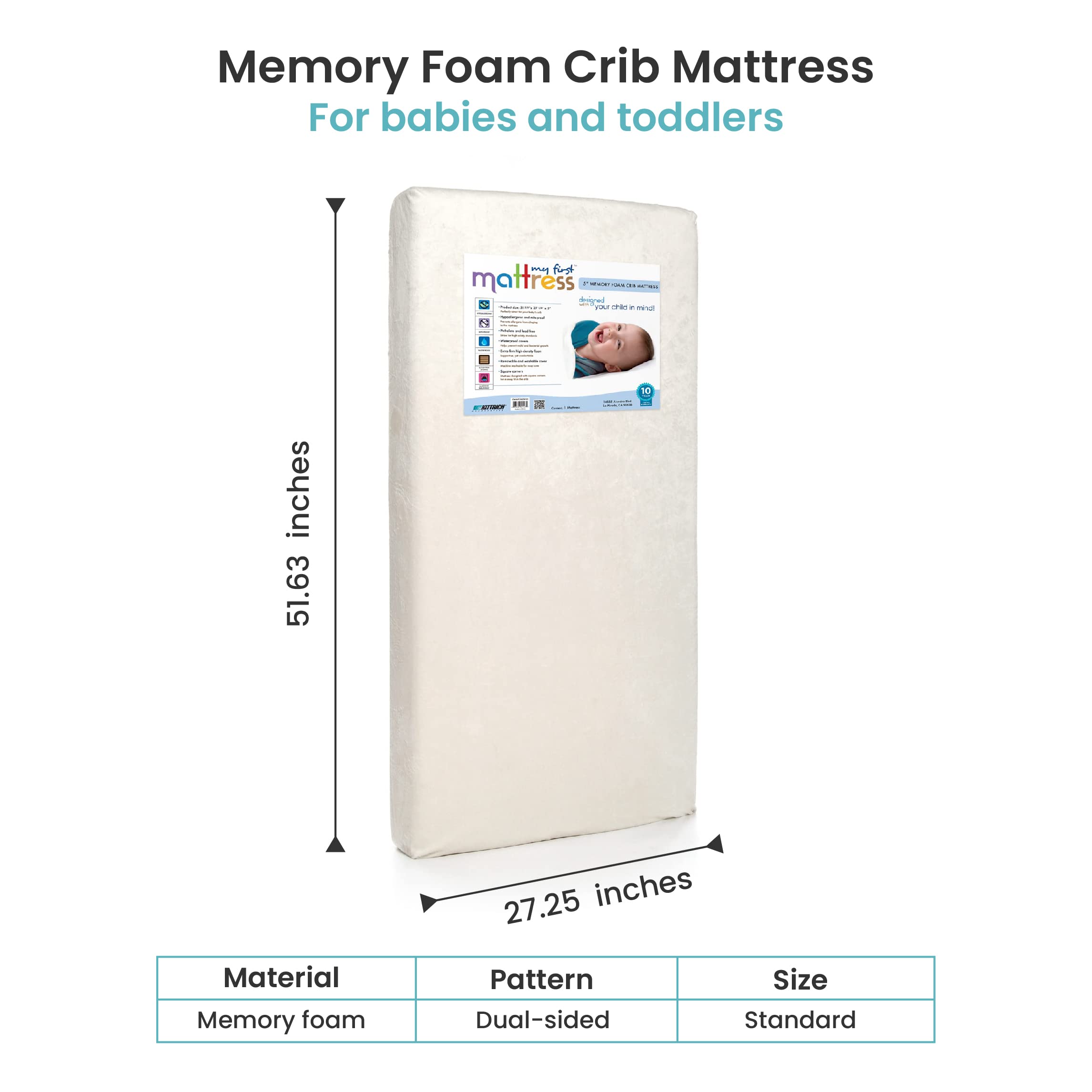 My First Memory Foam Crib Mattress, Breathable Crib Mattress with Removable and Waterproof Cover, Hypoallergenic, Standard Size, 51.63" L x 5" H x 27.25" W