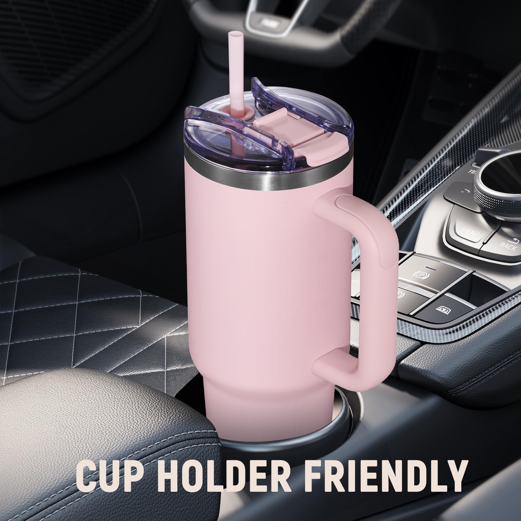 SMLIXE 40 oz Tumbler with Handle and Straw Lid,Insulated Reusable Stainless Steel Water Bottle Travel Mug,Cupholder Friendly Double Wall Vacuum Sealed Cup (Pink)