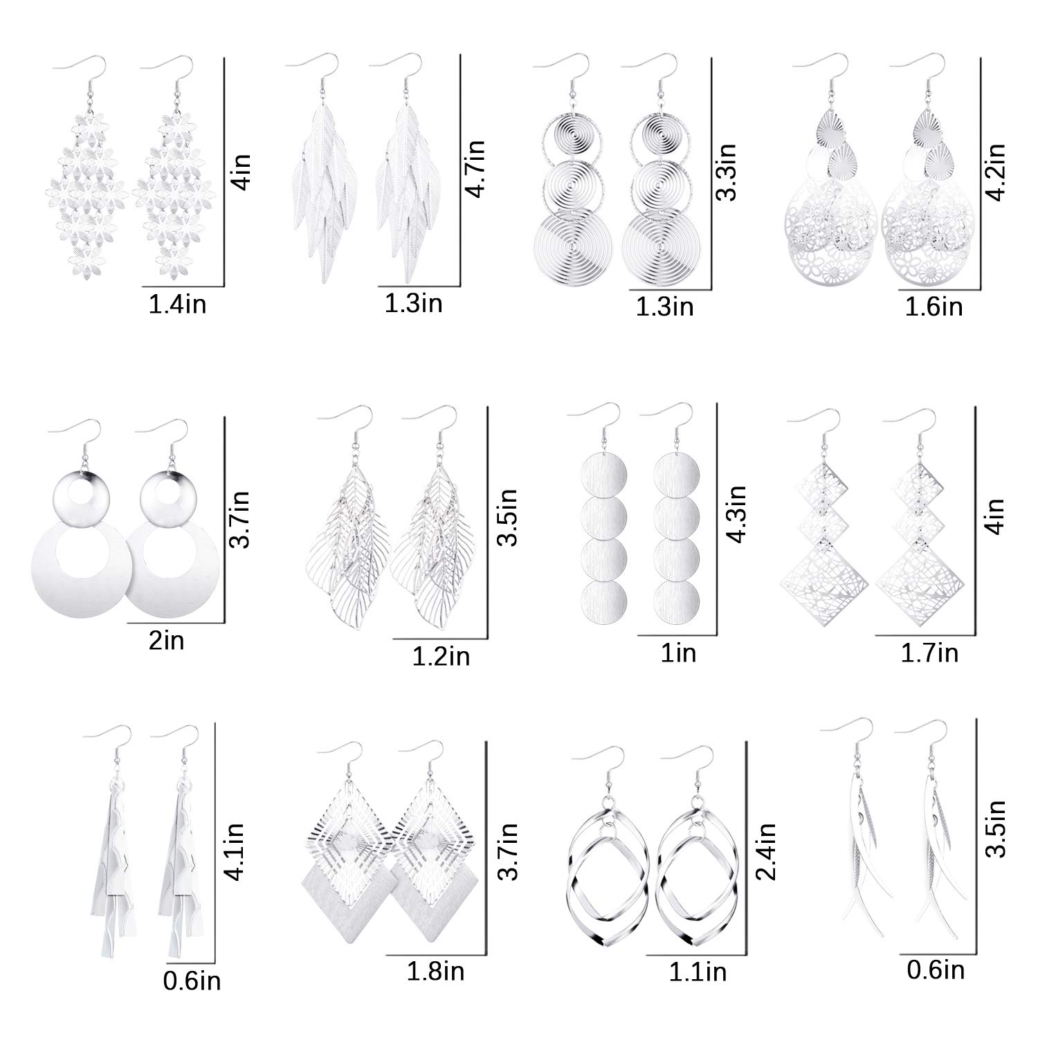 Hicarer 12 Pairs Drop Dangle Earrings Bohemian Long Fringed Earrings Vintage Statement Earrings for Women(Silver)