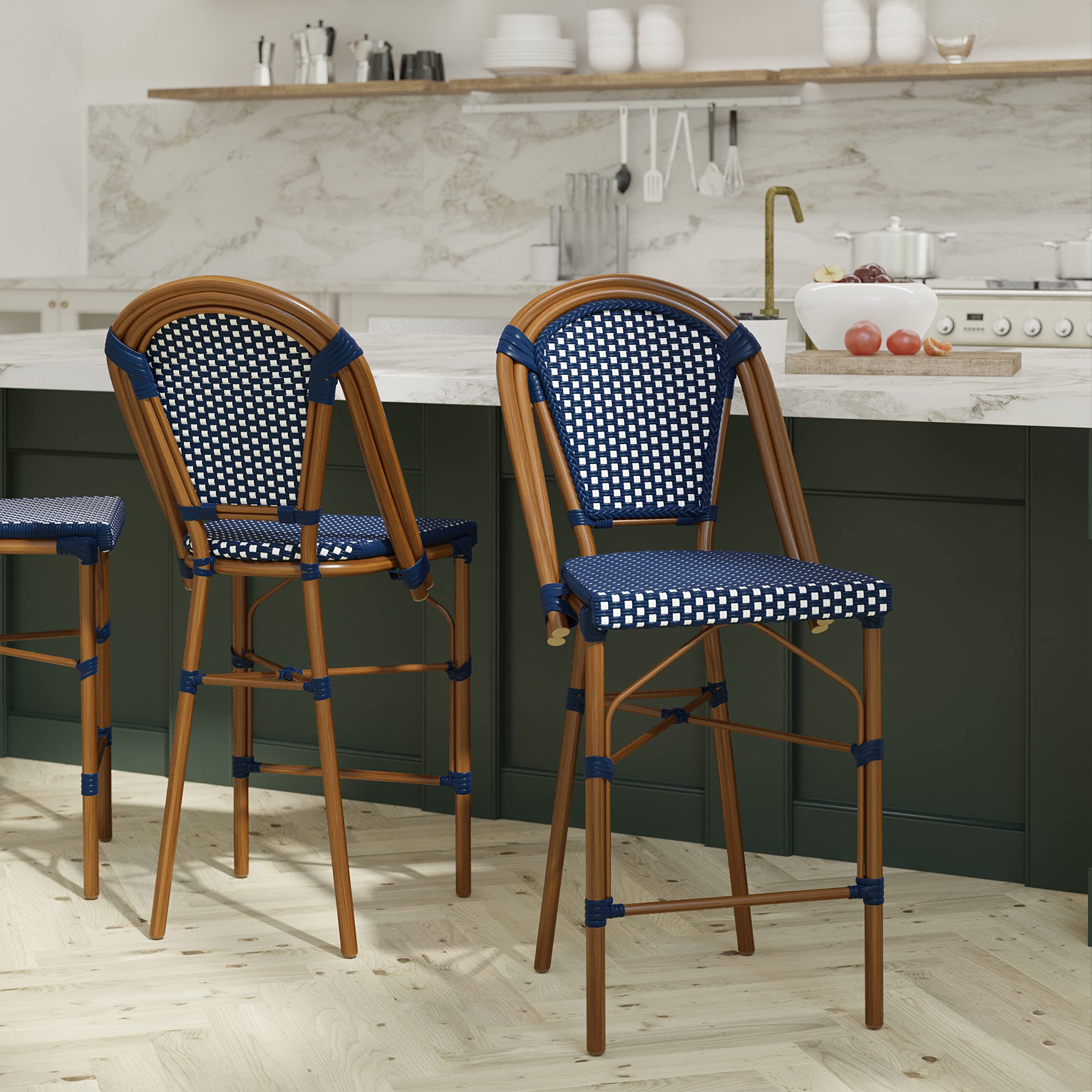 EMMA + OLIVER Soie Bistro Counter Stool - Stacking Indoor/Outdoor PE Rattan Counter Stool with Bamboo Finish Frame - 26" High - Set of Two - Navy/White