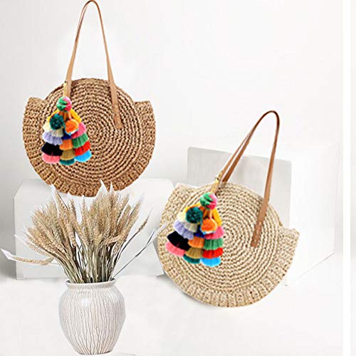 Donalworld Women Round Straw Pompom Shoulder Bag Corn Summer Woven Bags Coffee