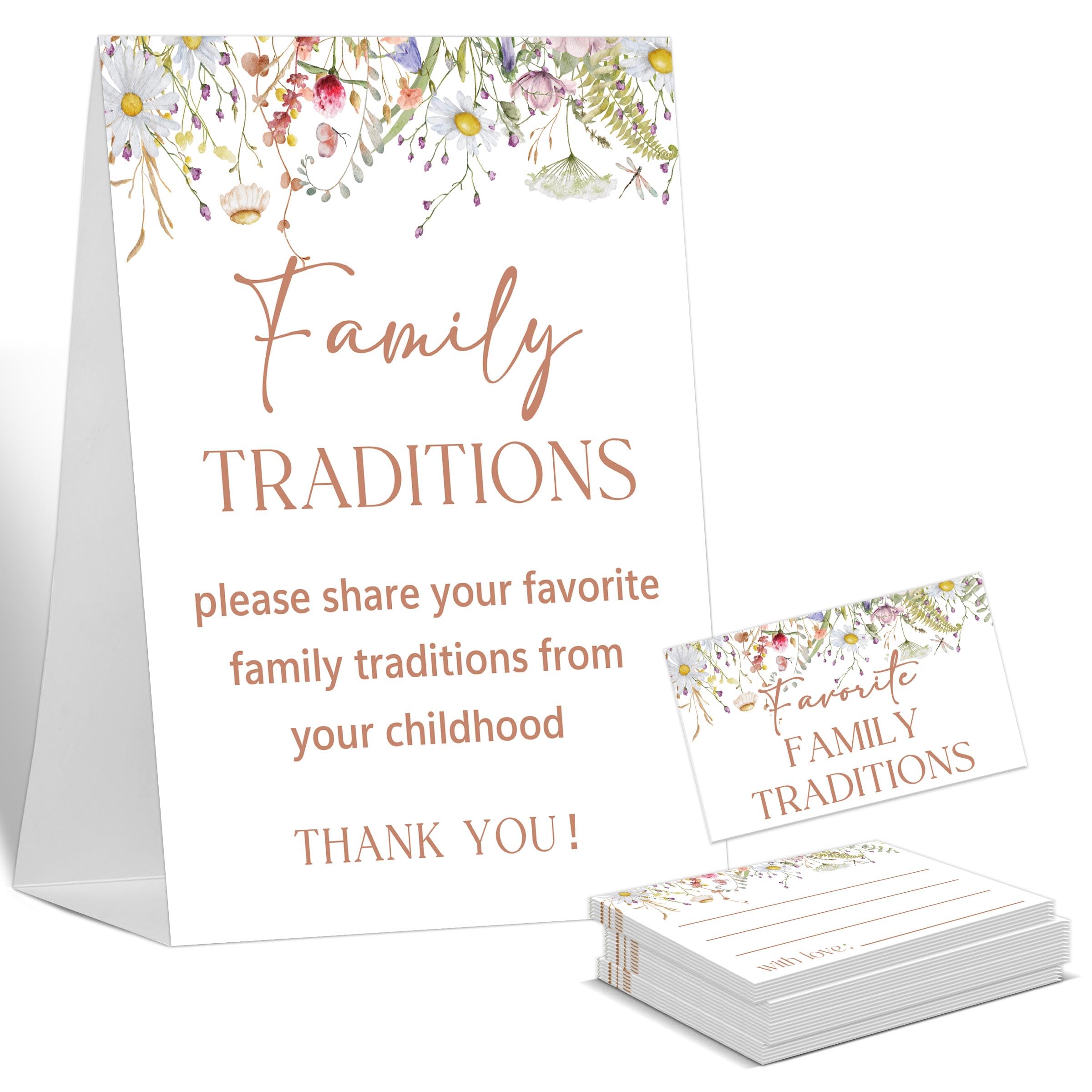 Baby Shower Games Family Traditions Sign, 1 Standing Sign and 50 Cards, Boho Floral Gender Neutral Decoration, Gender Reveal Party, Bridal Shower Favor Supplies-LT18