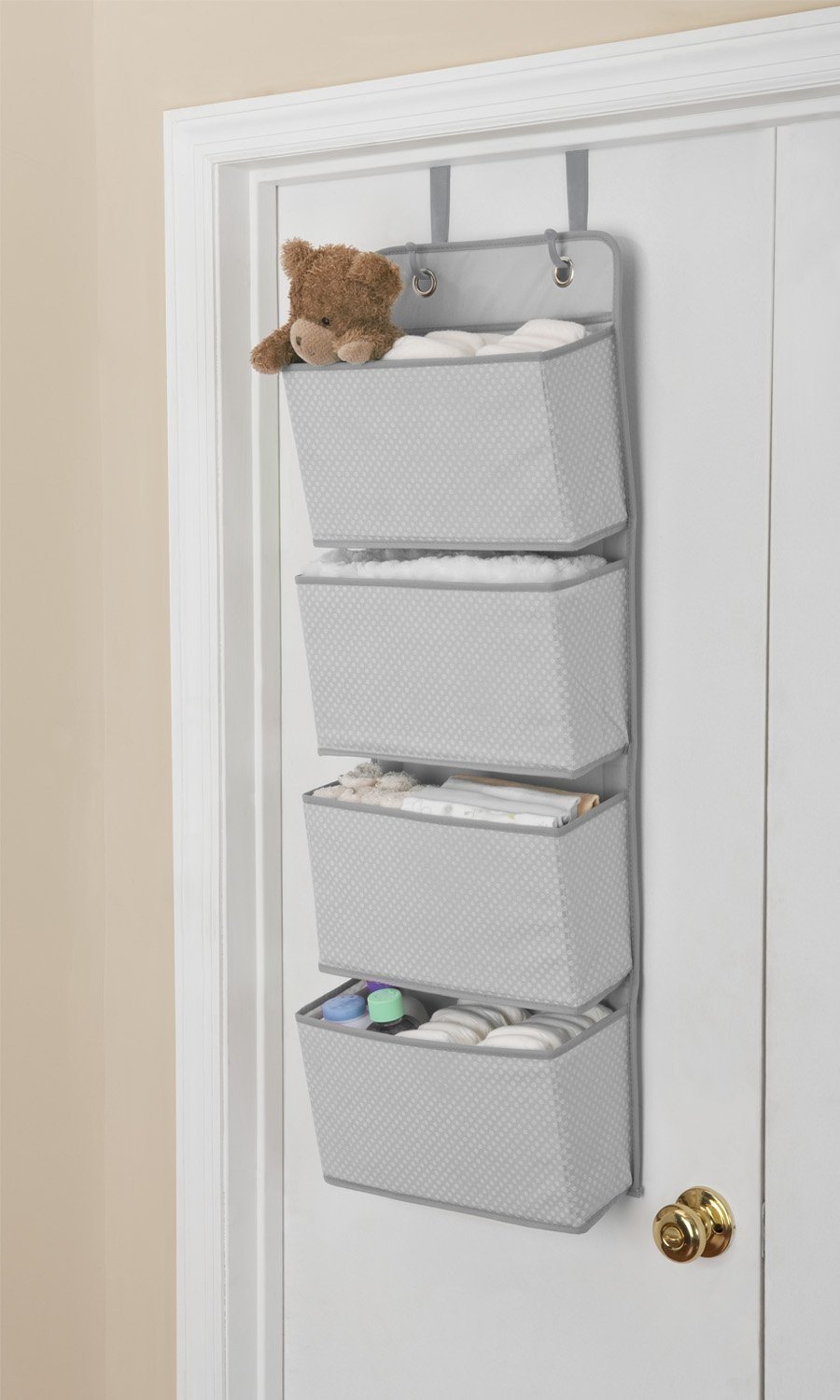 Dreamsy Hanging Closet Organizer, 4-Pockets Wall Mount/Over Door Storage for Toys, Purses, Keys, Sunglasses - Grey