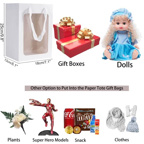 Dasofine 12pcs White Gift Bag with Window, Sturdy Paper Tote with Transparent Window, 7.1"×5.1"×9.8" Paper Gift Bags with Handles, Flower Bouquet Bags