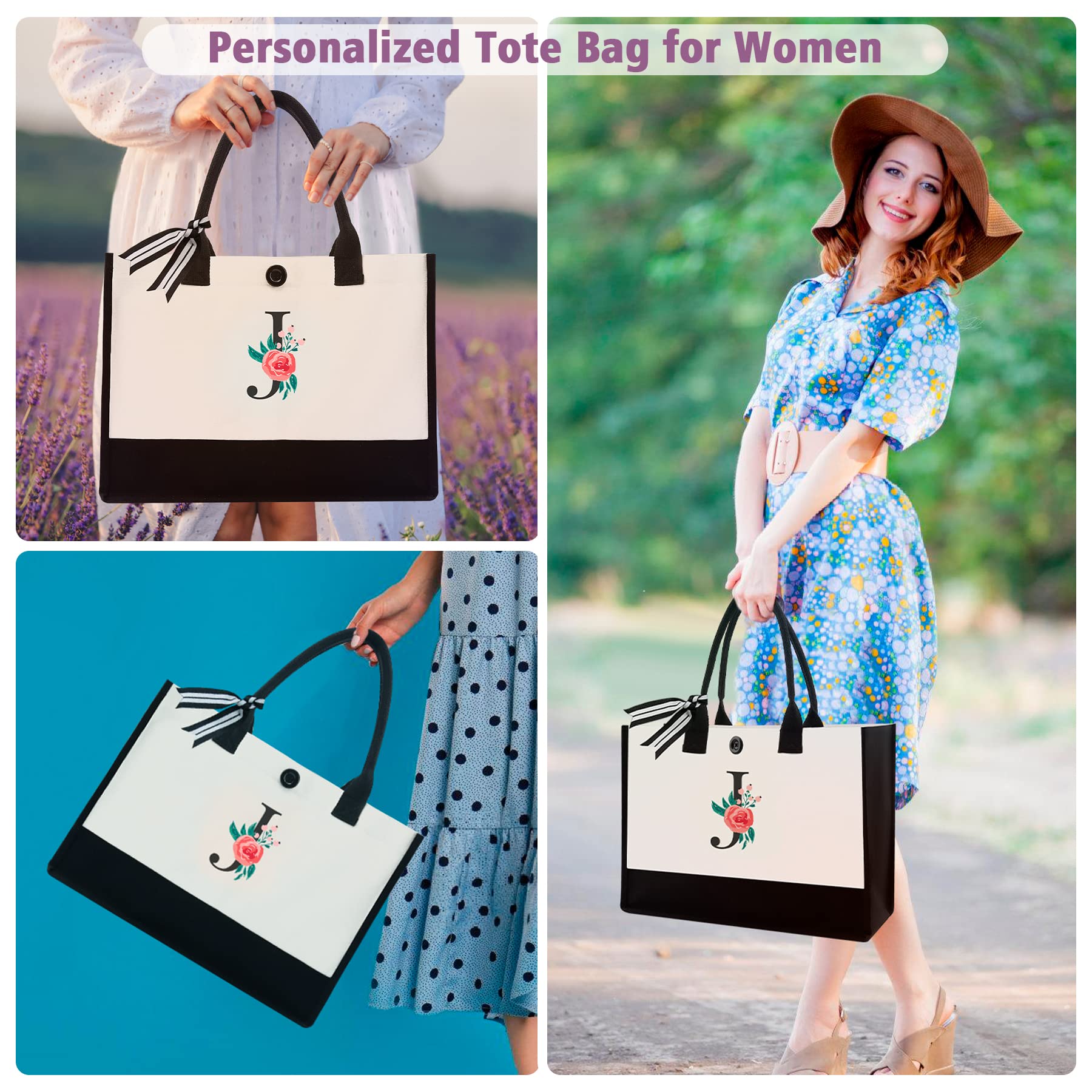 Binggemen Personalized Initial Canvas Tote Bag, Monogrammed Gifts Bag for Wedding,Birthday, Present Beach Bag for Women, Mom, Bridesmaids,Teachers