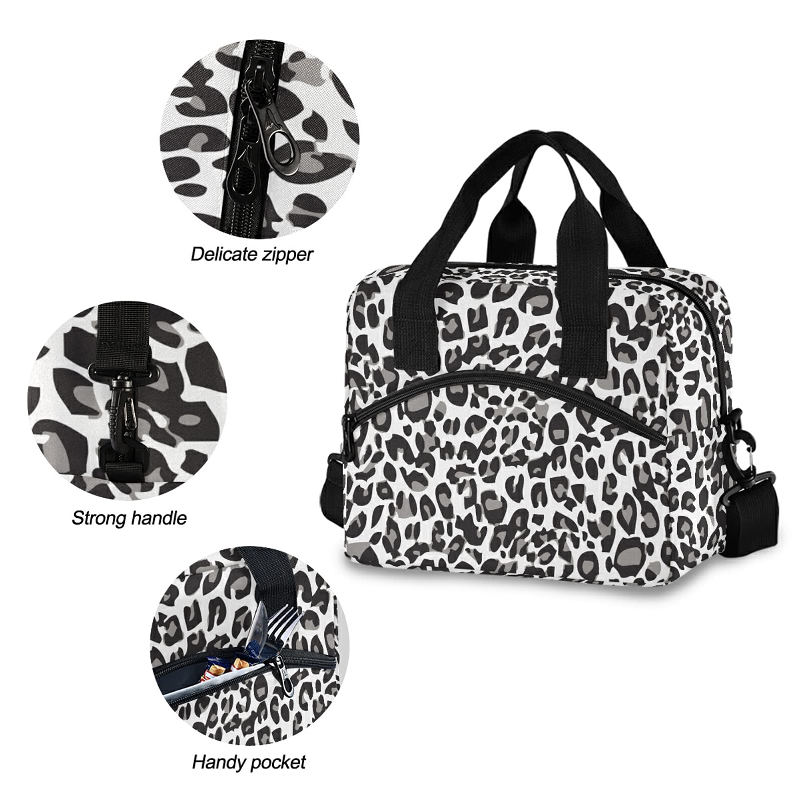 Black And White Leopard Lunch Tote Bags for Women Leakproof Lunch Bag lunch Box Lunch Cooler Bag(6te6b)