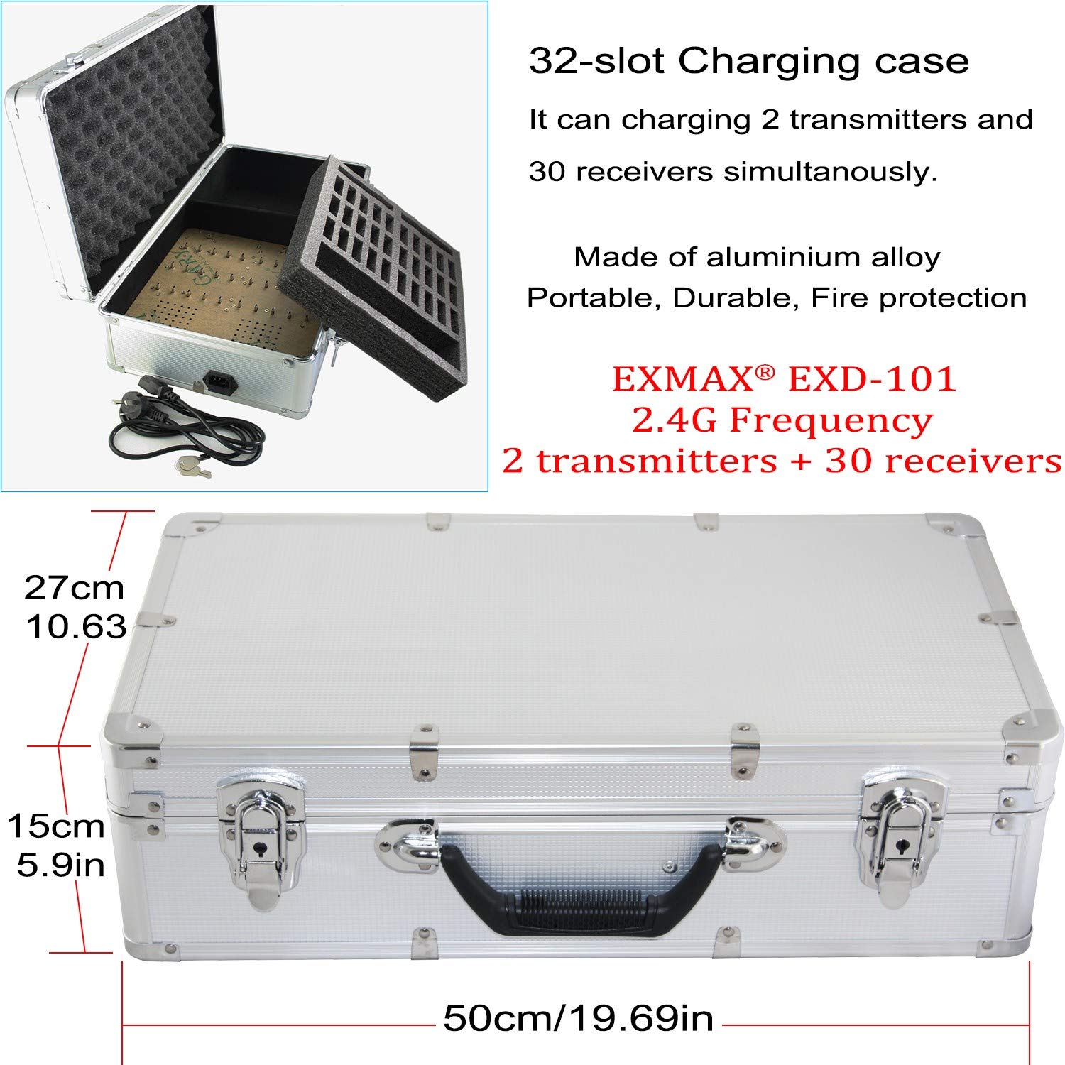 EXMAX EXD-101 2.4GHz Wireless Tour Guide Voice Transmission System for Exhibition Summit Interpretation Bus Tour City Sightseeing Live Explanation - 2 Transmitters 30 Receivers & 32-slot Charging Case