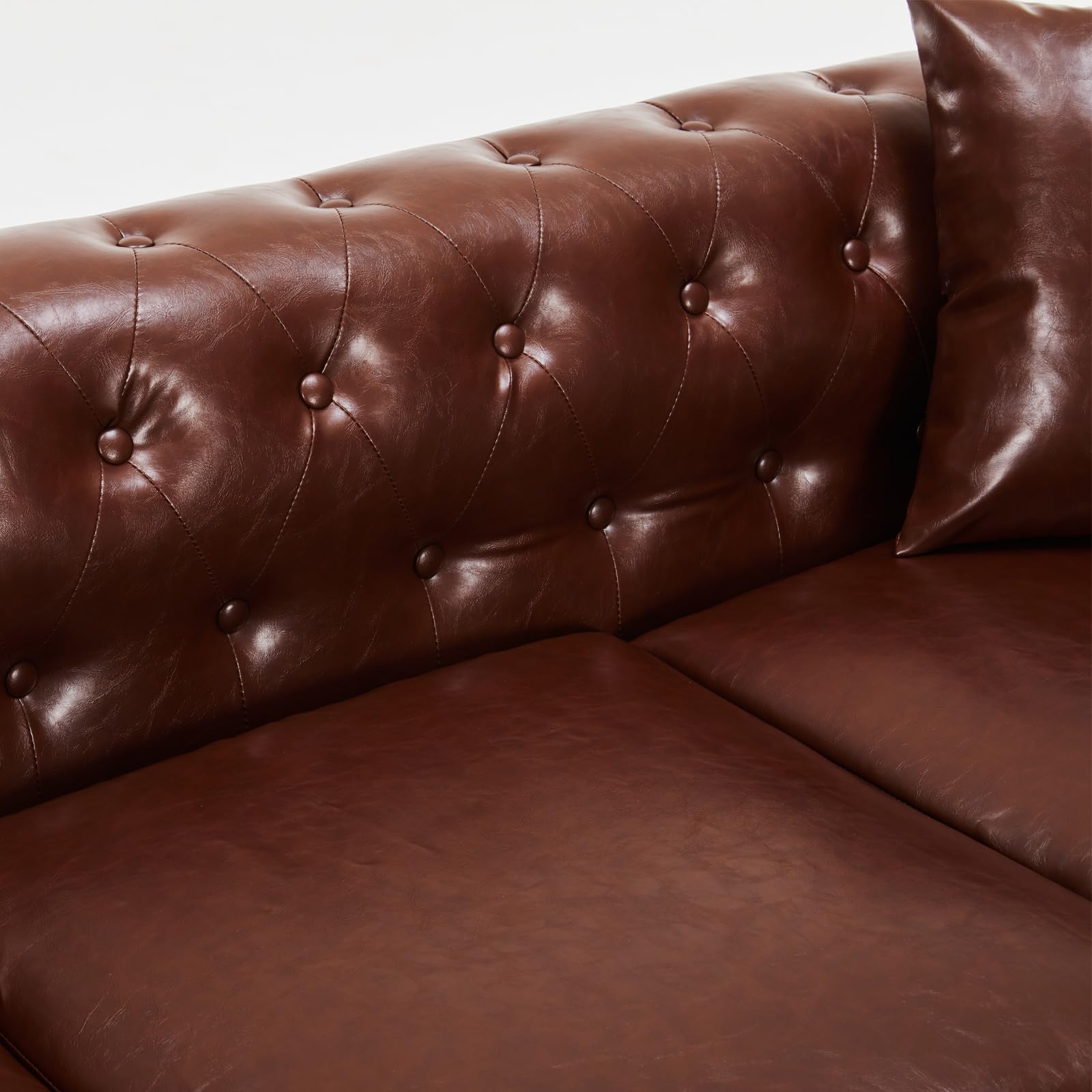 Chesterfield Sofa 83.4 " Faux Leather Couches with Gourd Wooden Legs, Deep Seat Comfy 3-Seater Upholstered Couch Button Nailhead Tufted Classic Couches for Living Room,Bedroom Easy to Assemble (Brown)
