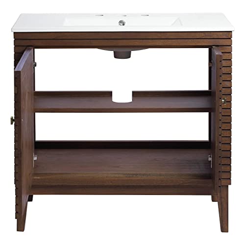 Modway Ledger Wood Bathroom Vanity Cabinet, 36 Inch, Walnut White