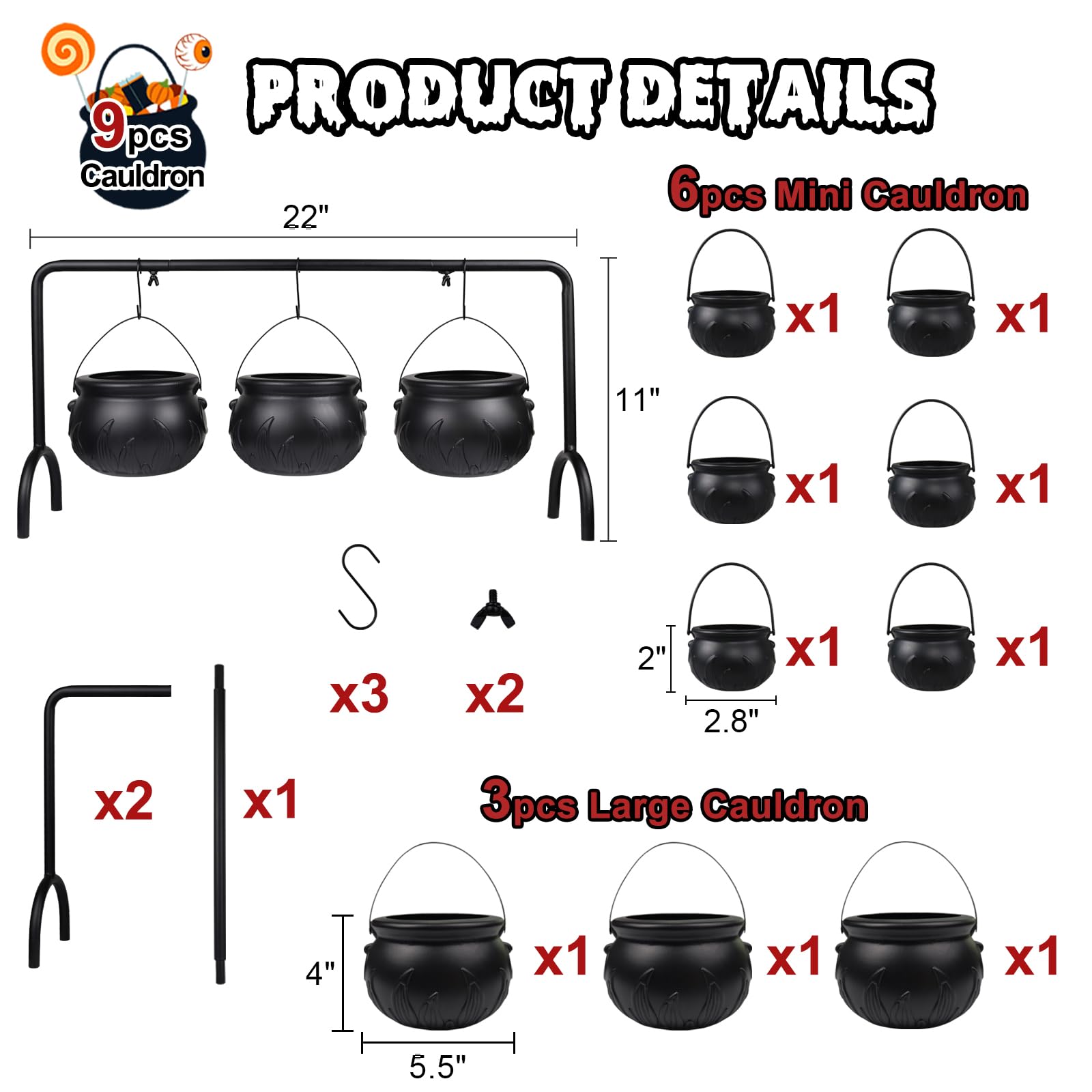 Cauldron Halloween Decor - 9 PCS Large and Mini Plastic Hanging Cauldrons Serving Set - Spooky Black Witches Cauldron Desserts Candy Serving Bowls for Table Home Indoor Hocus Pocus Party Decorations