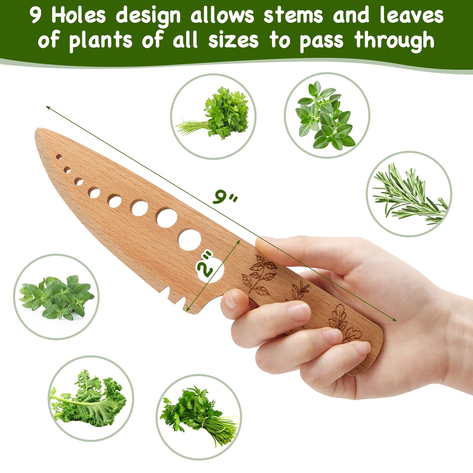 Wooden Herb Stripper Knife Leaves Cutter， Rustic Safe Kitchen Tool for Chopping with Engraved Parsley, Cilantro, Basil, Thyme, Rosemary, Sage Cooking Birthday Christmas Gift for Him Her Mom Housewife