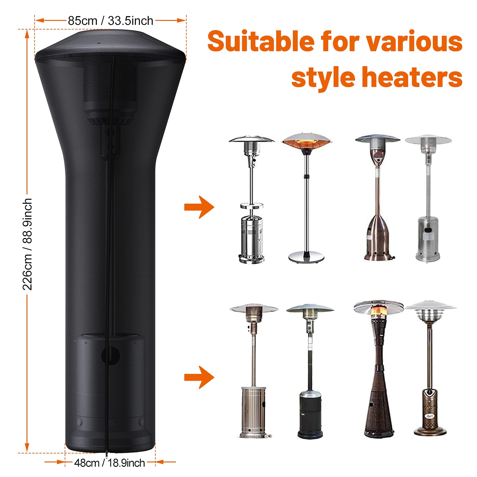 BROSYDA Patio Heater Covers with Zipper and Storage Bag for Outdoor Heaters, Waterproof, Snow-Resistant, Dust-Proof Covers for Propane Patio Heater, Black (89'' Height x 33" Dome x 19" Base)