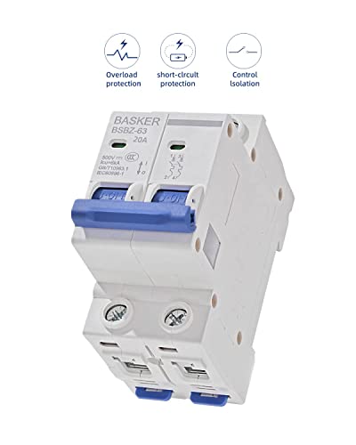BASKER DC Circuit Breaker, 20Amp 2 Poles 500V Solar Disconnect Switch for Solar PV System Solar Panels Grid System, DIN Rail Mount, DC Breaker MCB (20A)