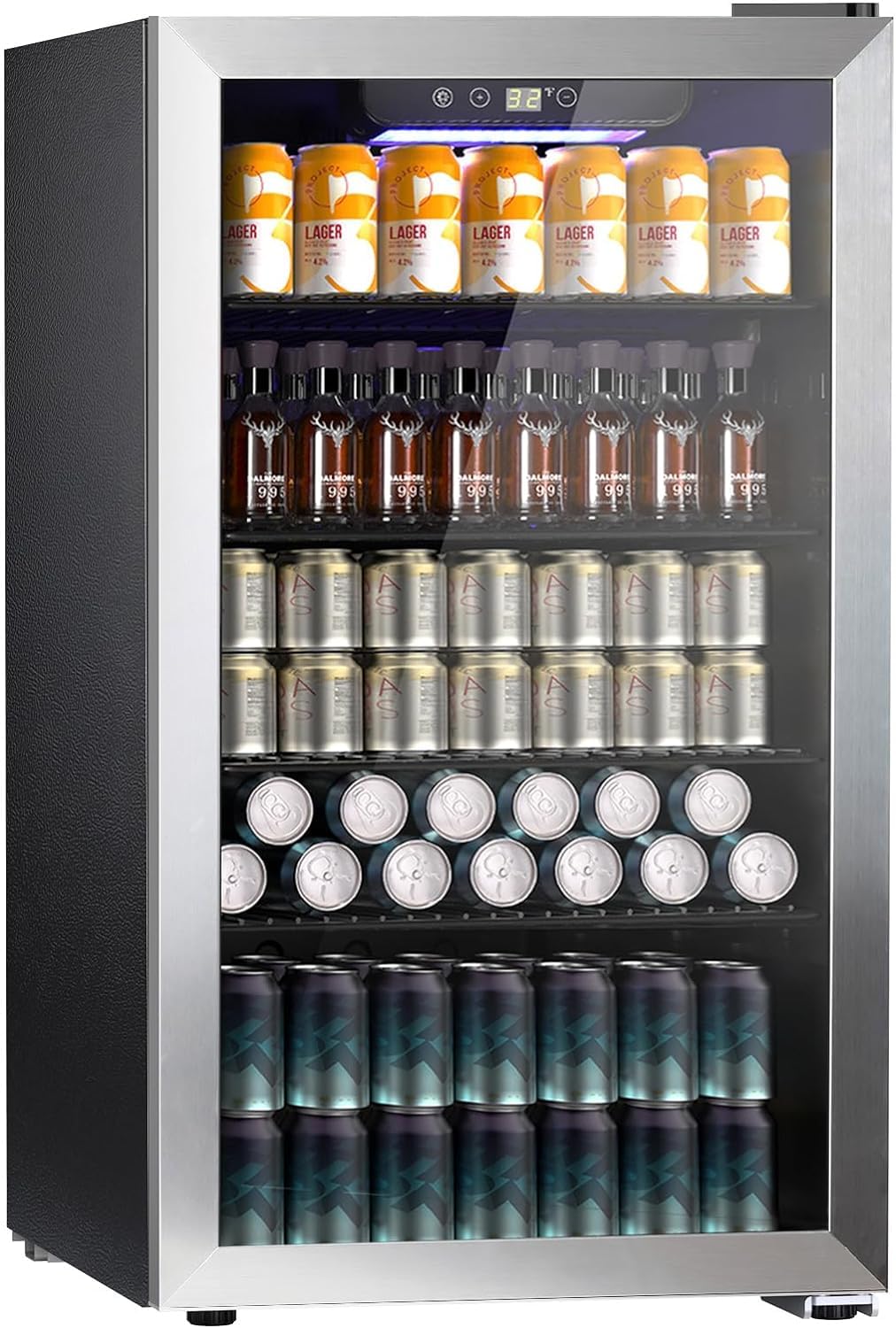 Kndko Beverage Refrigerator Cooler - 130 Can Mini Fridge with Adjustable Shelves, Glass Door, Digital Temperature Control, LED Lighting, Energy Efficient for Home, Office, Bar - 3.2 Cu.Ft, Black