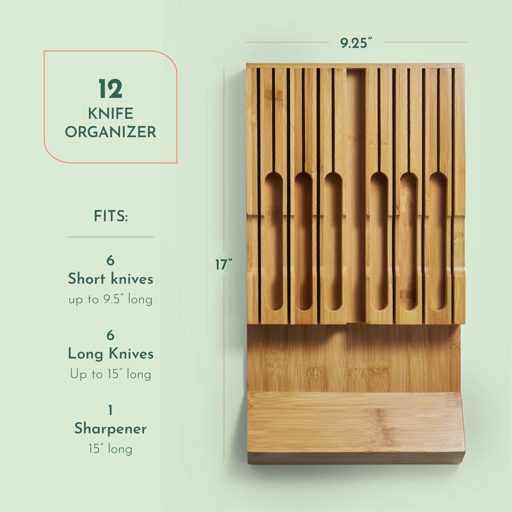 High-Grade 100% Bamboo Knife Drawer Organizer - 12 Knife Slots Plus a Sharpener Slot, Knife Organizer for Kitchen Organization, Durable, Secured, Practical, Eco-Friendly, Knife Block without Knives.