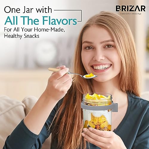 BRIZAR Overnight Oats Containers with Lids Glass - Airtight Overnight Oats Jars & Recipe Book - Overnight Oats Container for Food Storage, Oatmeal, Chia Pudding, Fruit, Yogurt - 2 Pack, 10 oz