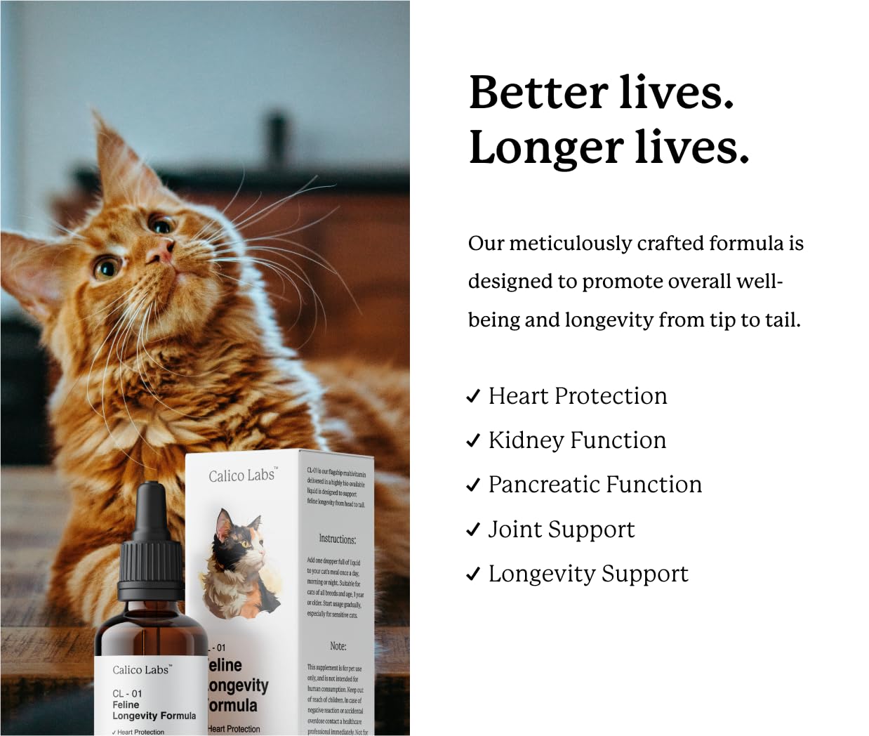 Calico Labs - Veterinarian Approved - Complete Feline Longevity Support. Supports Heart, Kidney, Joint, & More (60 Servings)