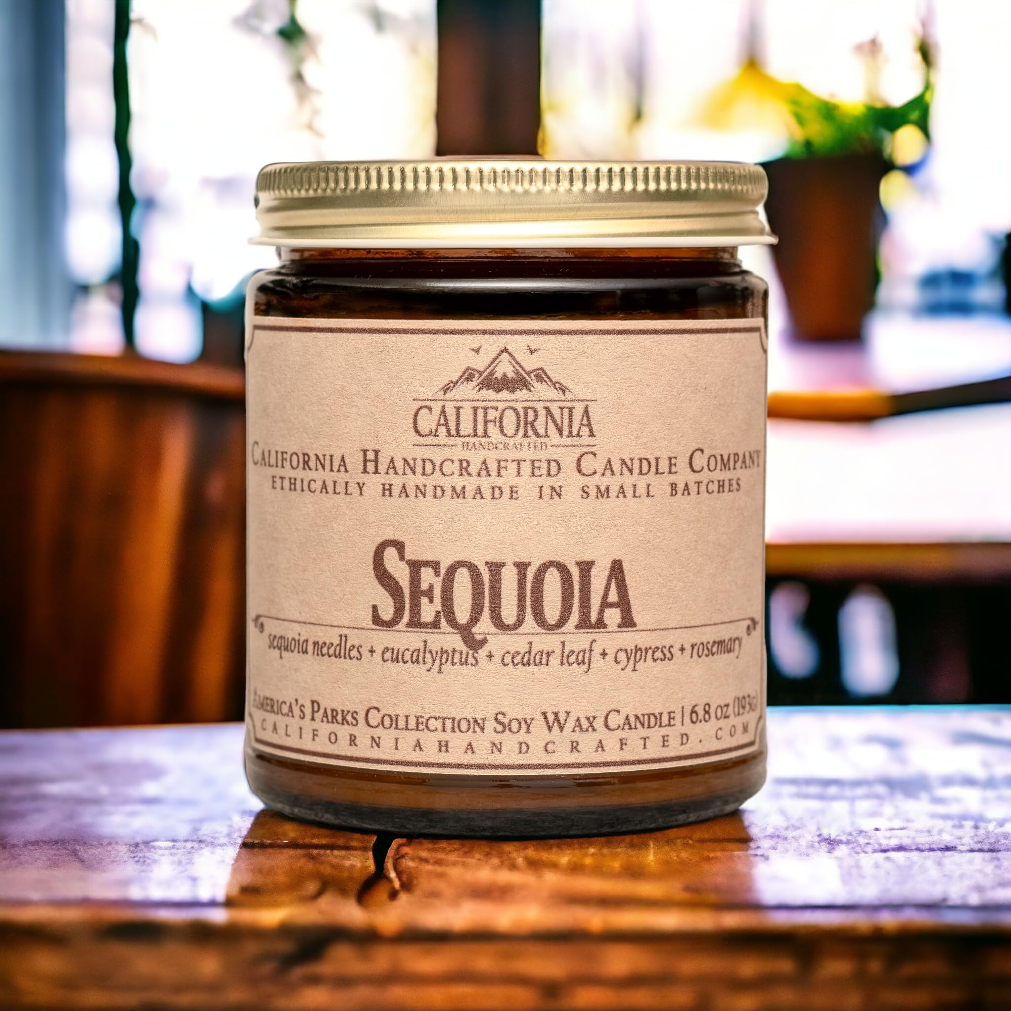 California Handcrafted Sequoia National Park Amber Jar Soy Wax Candle - Sequoia Needles, Eucalyptus, Cedar Leaf, Cypress, Rosemary, 9 oz, America's National Parks Collection