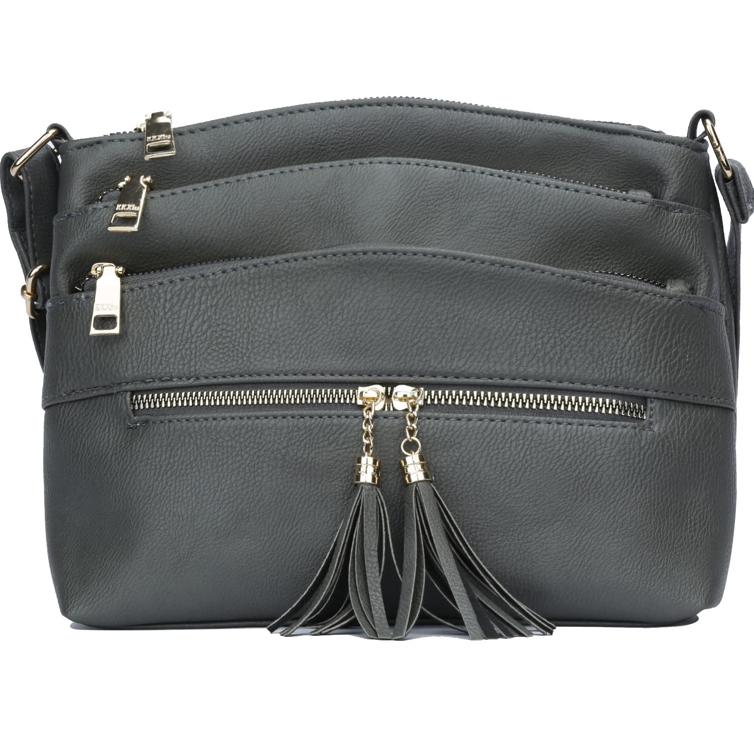 KKXIU Multiple pocket Fashion Leather Crossbody Bags for Women and Ladies Shoulder Purses with Tassel (Grey)