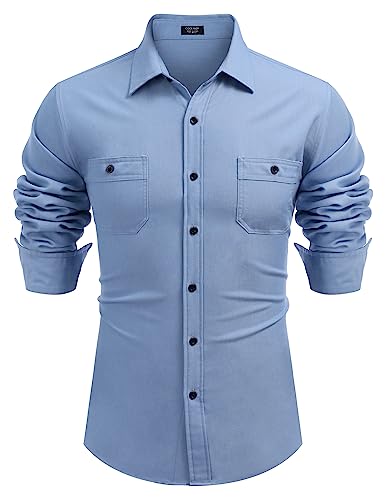 COOFANDY Mens Casual Dress Shirts Slim Fit Button Down Shirt with Two Chest Pockets Light Blue