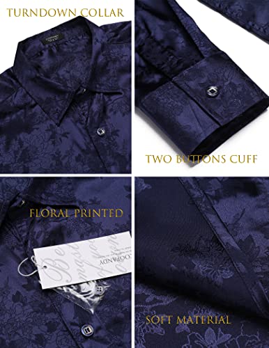 COOFANDY Mens Floral Rose Printed Long Sleeve Dress Shirts Prom Wedding Party Button Down Shirts (Deep blue)