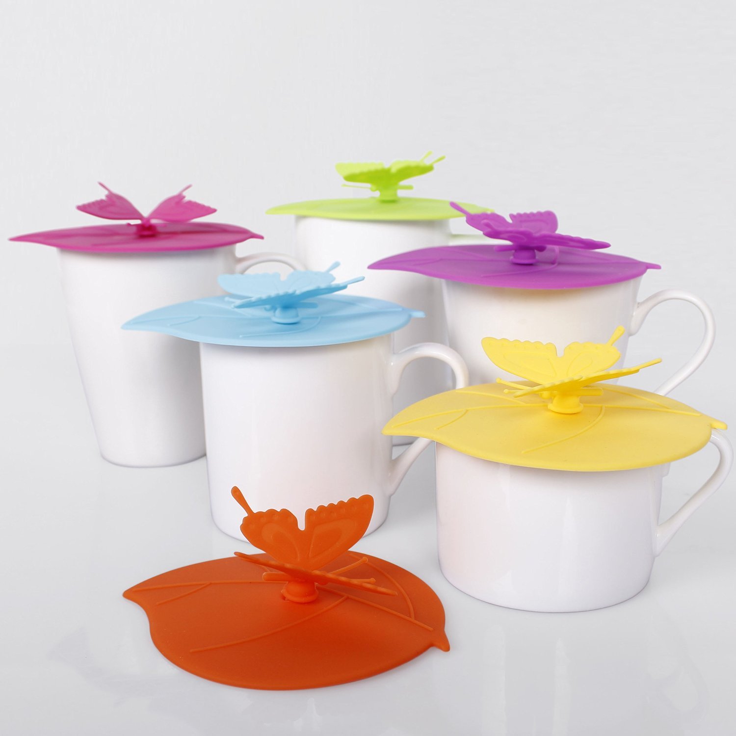 Food Grade Silicone Cup Lids, IPHOX Creative Butterfly Mug Cover [Set of 6] Anti-dust, Airtight Seal, Silicone Drink Cup Lids, Hot Cup Lids (Butterfly)