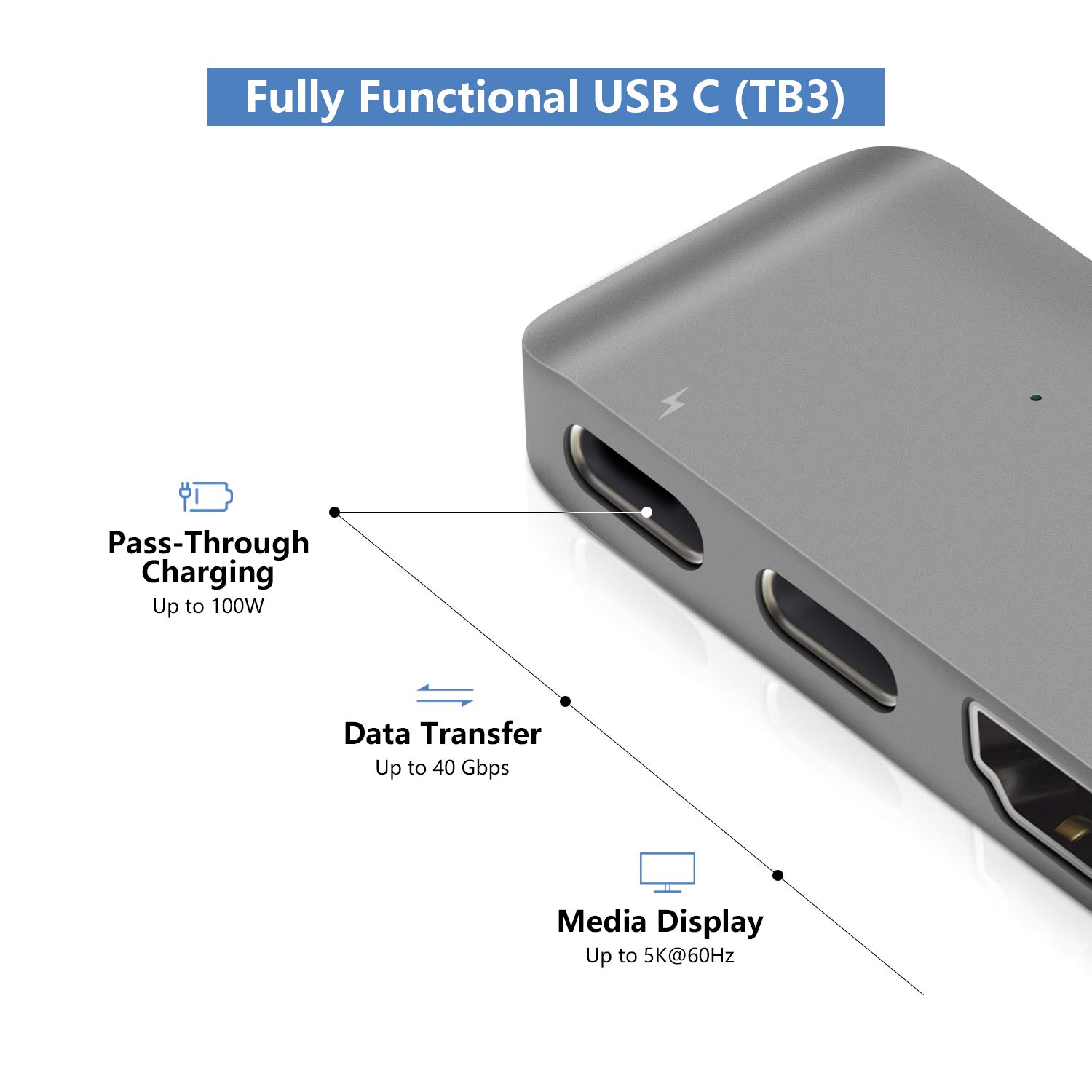 Purgo Mini USB C Hub Adapter Dongle for MacBook Air 2023-2018 and MacBook Pro 13 M2 2022-2016, MacBook Air USB Adapter with 4K HDMI, 100W PD, 40Gbps TB3 5K@60Hz, USB-C and 2 USB 3.0