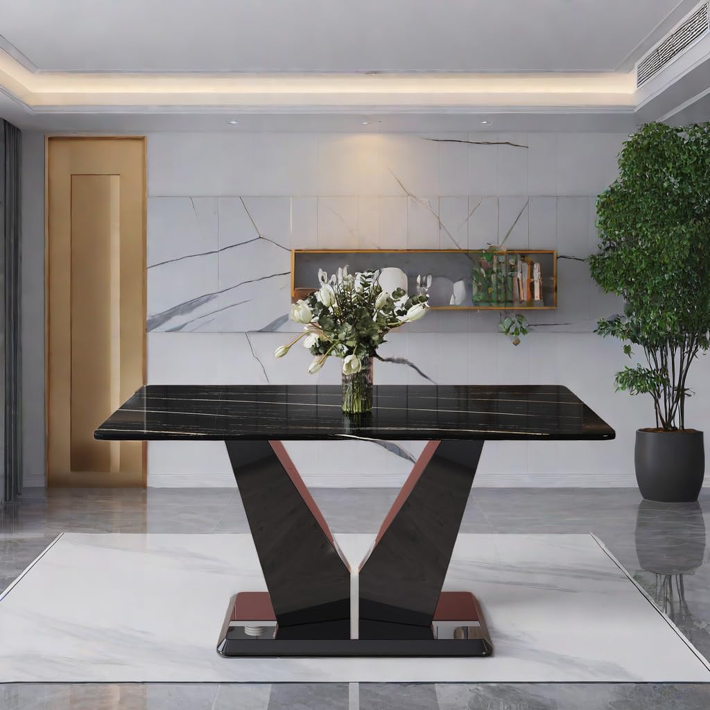 ChicFurnit Modern Dining Table with Tempered Glass Tabletop, Rectangle Dining Table with Rose Gold Colored Legs, for Living Room, Kitchen, Dining Room, Office