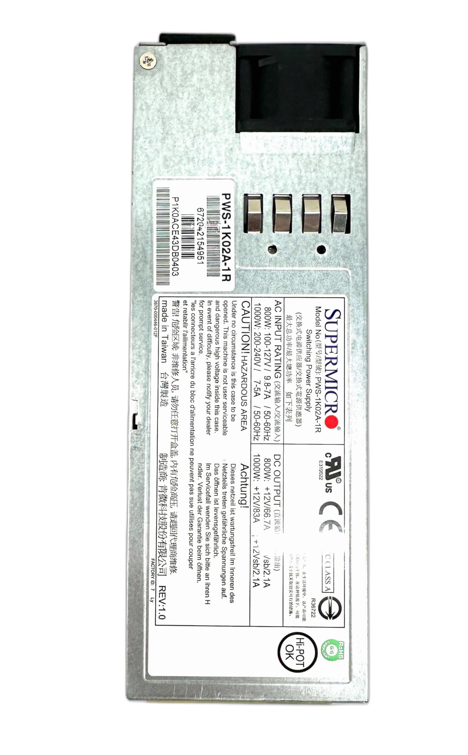 Supermicro PWS-1K02A-1R 1U 1000W Redundant Power Supply 73.5mm width Titanium Level,RoHS/REACH