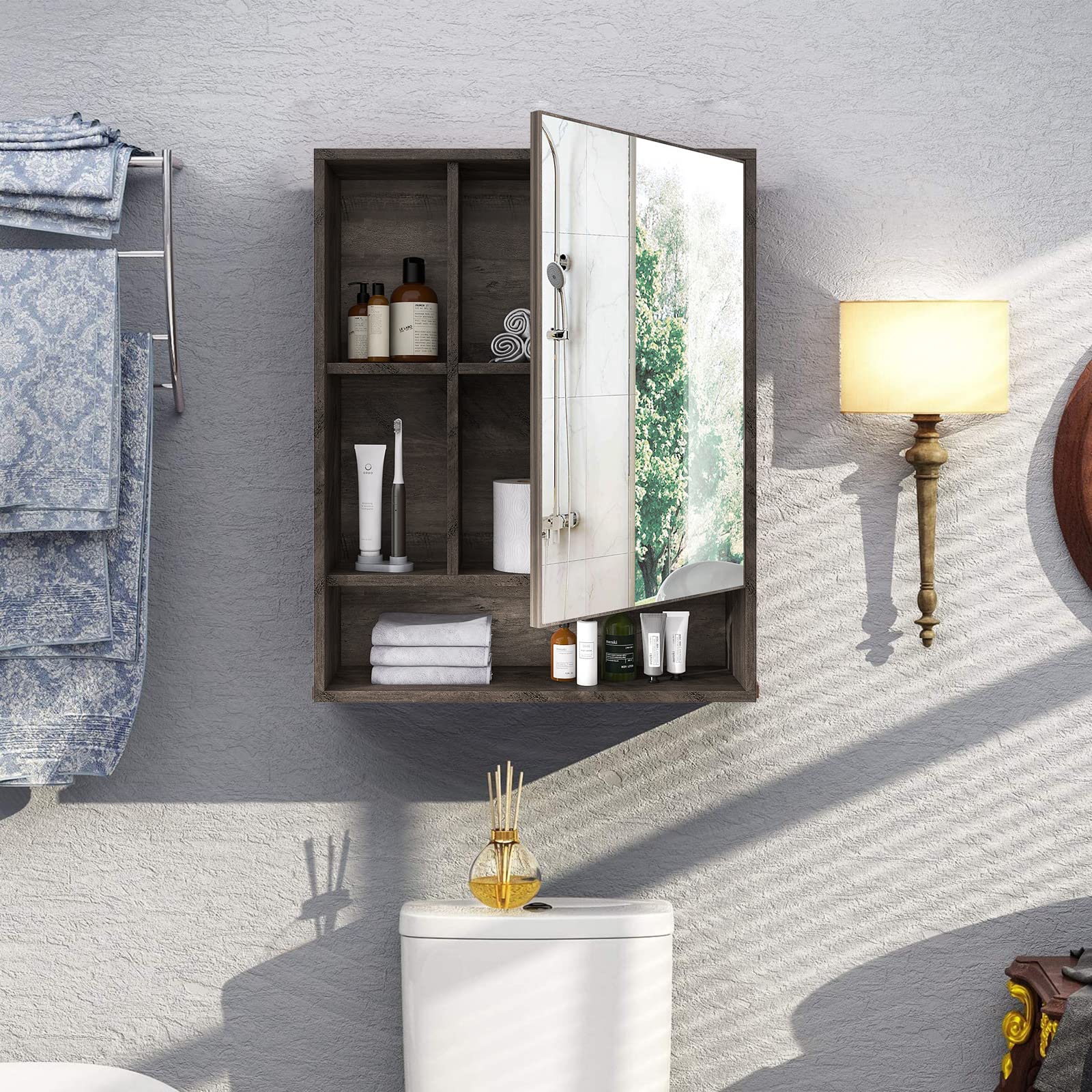 ChooChoo Bathroom Wall Mirror Cabinet, Medicine Cabinet with Single Door and Adjustable Shelf, Over The Toilet Space Saver Storage Cabinet, Grey