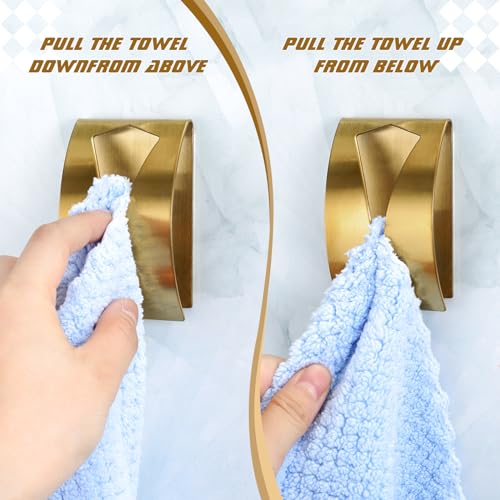 Boao 4 Pcs Self Adhesive Towel Hook Holder Grabber Stainless Steel Kitchen Dish Towel Hook Wall Mount Non Drilling Towel Hangers Rack Hand Towel Hook Tea Towel Holders for Bathroom (Gold)