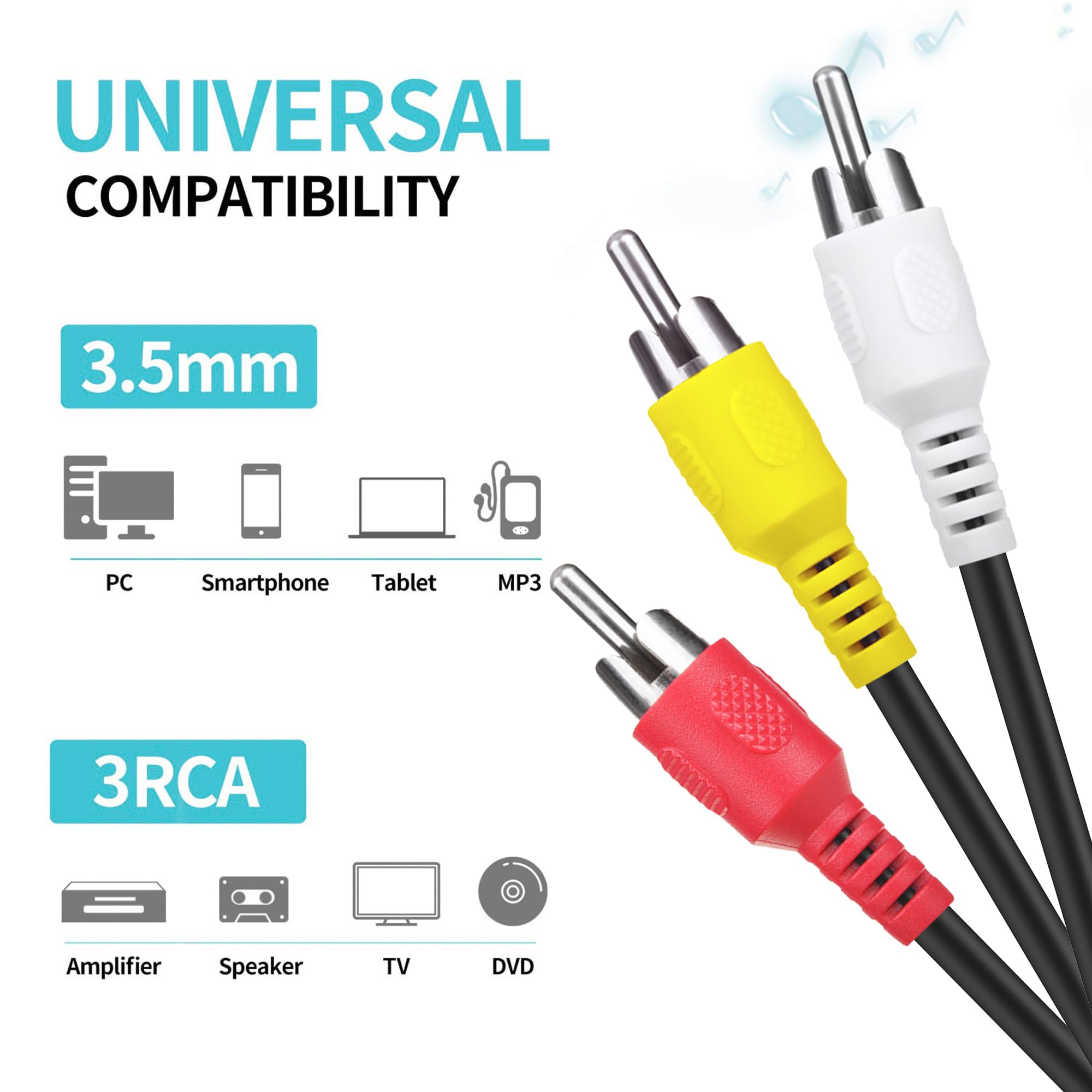 Digipartspower 5FT Cable A/V Audio/Video AV Cord 3.5mm AUX Auxilairy to RCA Composite Yellow White Red Cable for 503AK0400191000001 Western Digital WD TV HD,Live,Live Plus & Mini Media Player