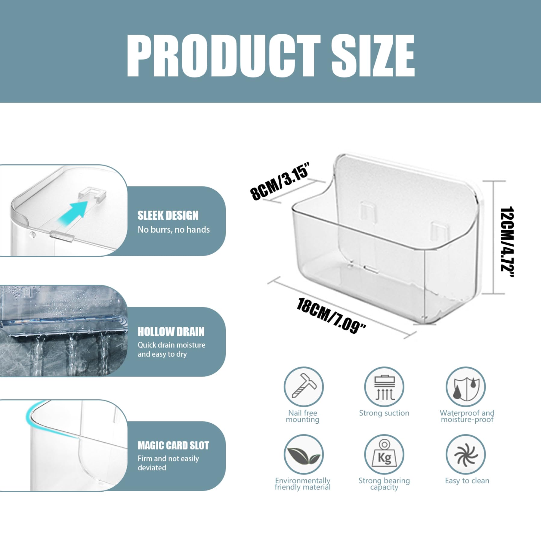 Bathroom Wall Organizer, 7.1x3.2x4.7 Clear Plastic Adhesive Shelf, Cabinet Door Organizer with Drain Hole, Punch Free Storage Racks for Bathroom, Small, Cabinet Door Organizer