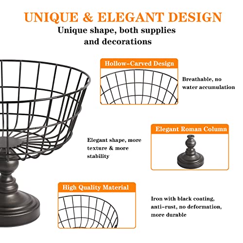 Black Fruit Basket for Kitchen, 2 Pack Metal Fruit Bowl for Kitchen Counter, Decorative Black Wire Baskets with Detachable Non-Slip Pedestal, Fruit Holder for Vegetable Bread Storage (11β & 8.7 β)